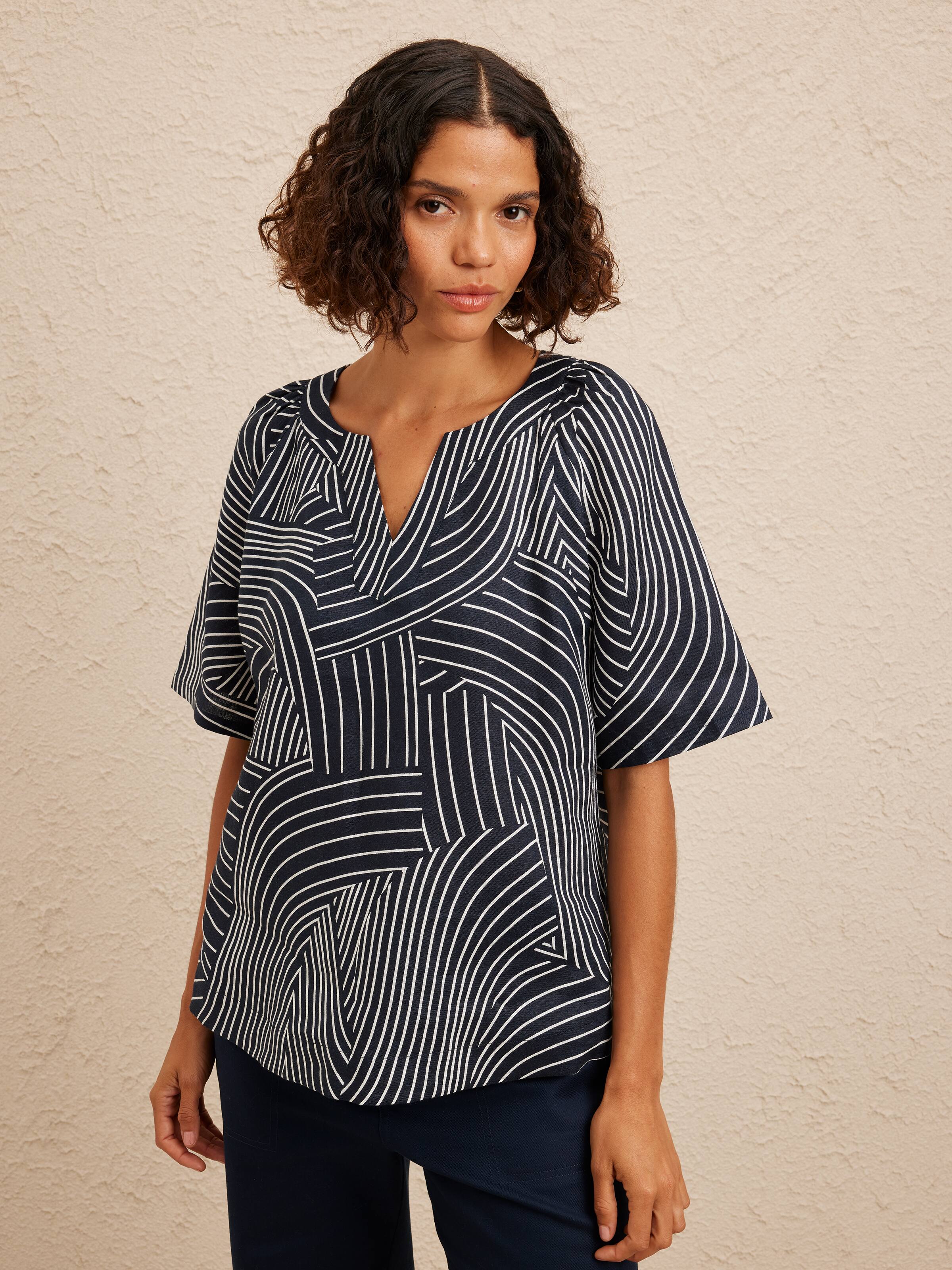 Notch Neck Linen Top Abstract Lines - JacquiE Online