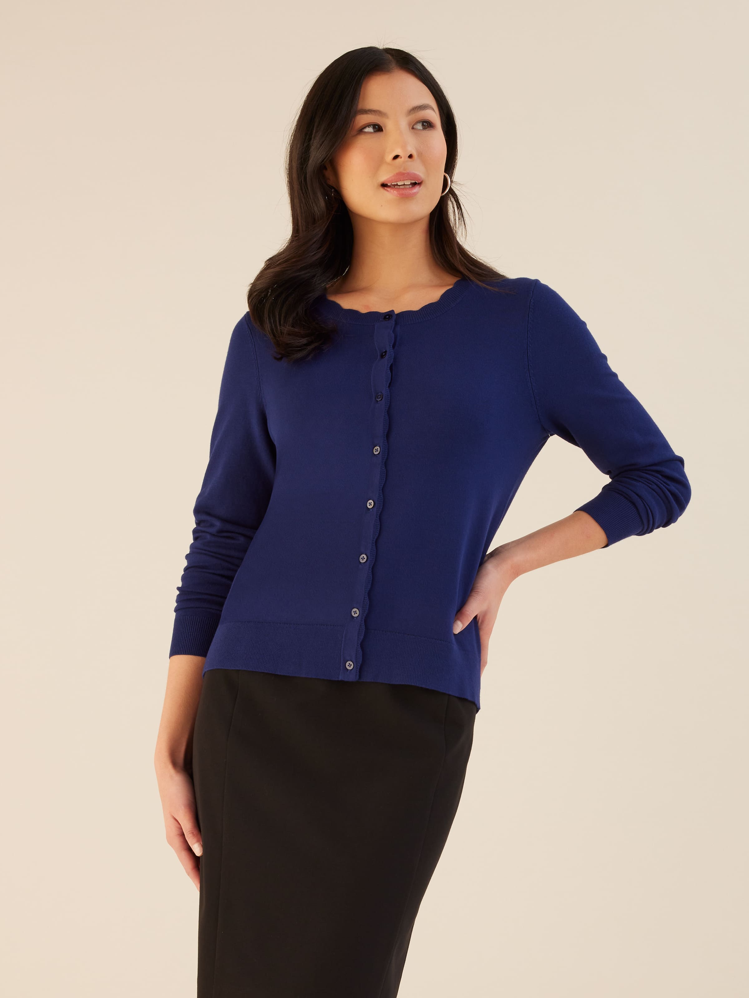 Mila Scallop Button Through Cardi Midnight Blue - JacquiE Online