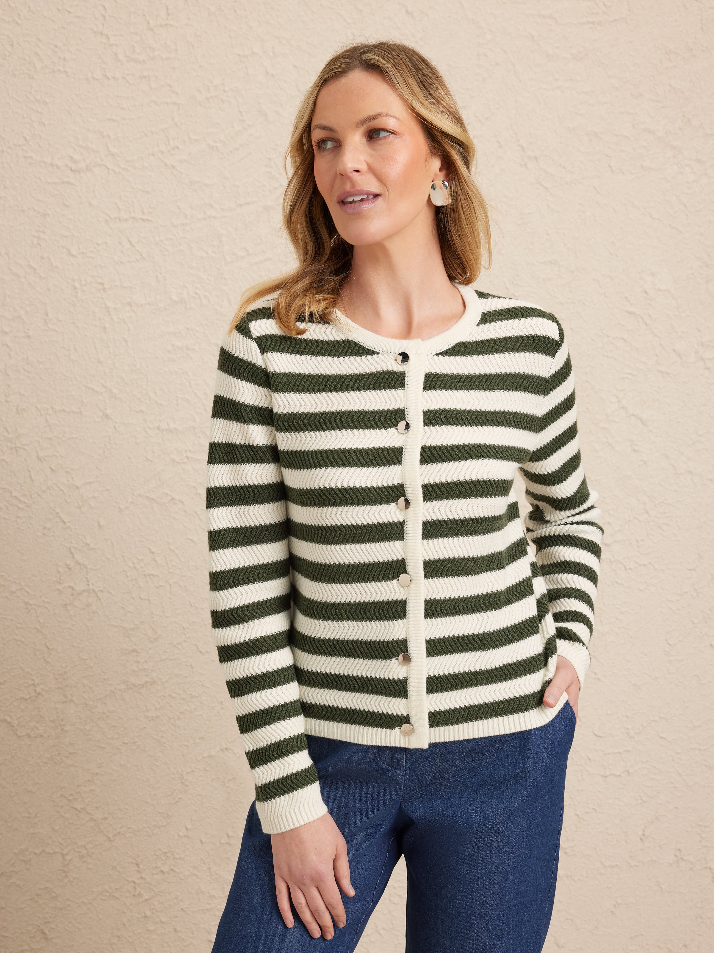 Zena Zig Zag Stripe Knit Jacket Ivory Dark Green - JacquiE Online