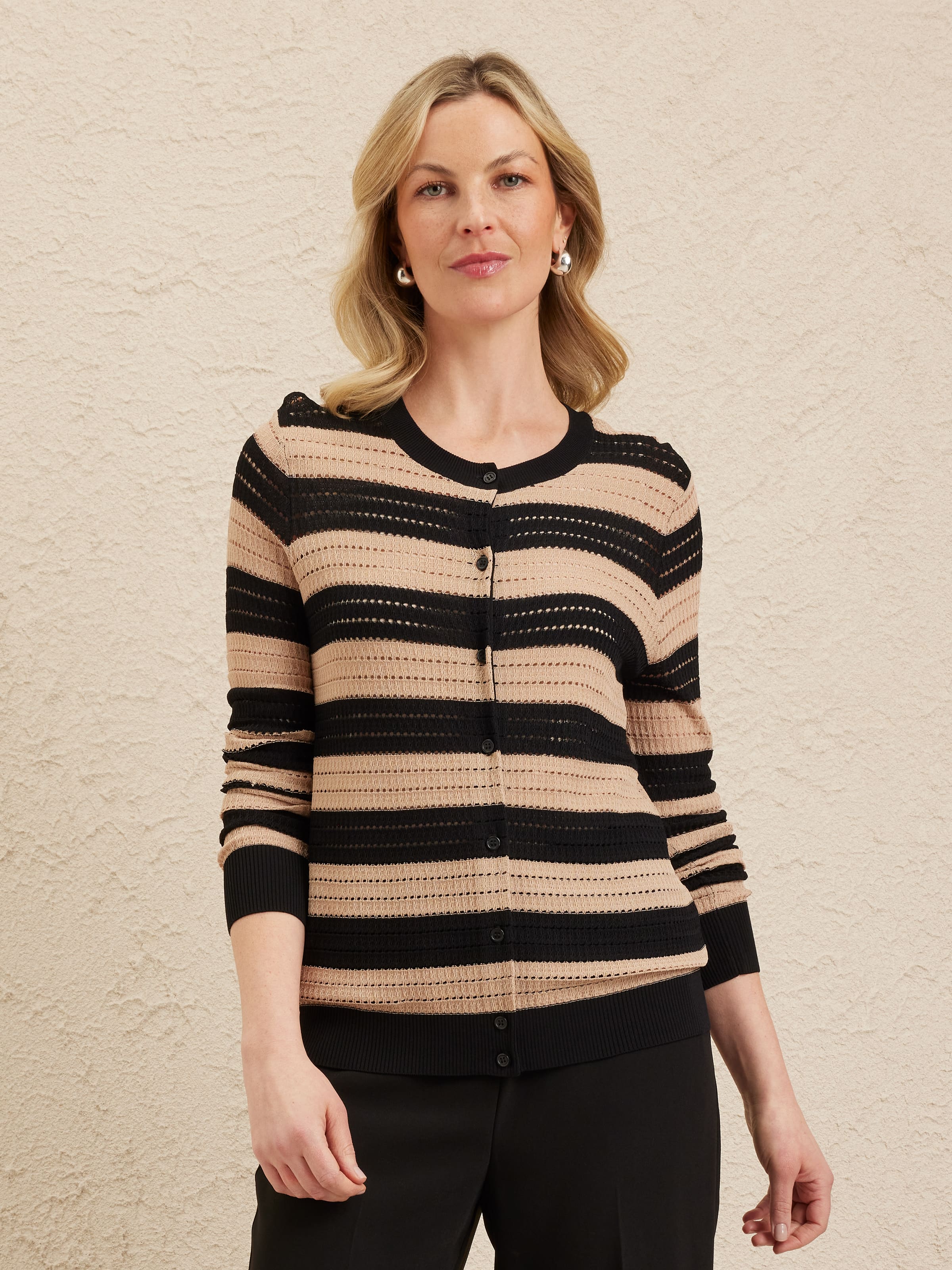 Penny Pointelle Cardigan Black Neutral Stripe - JacquiE Online