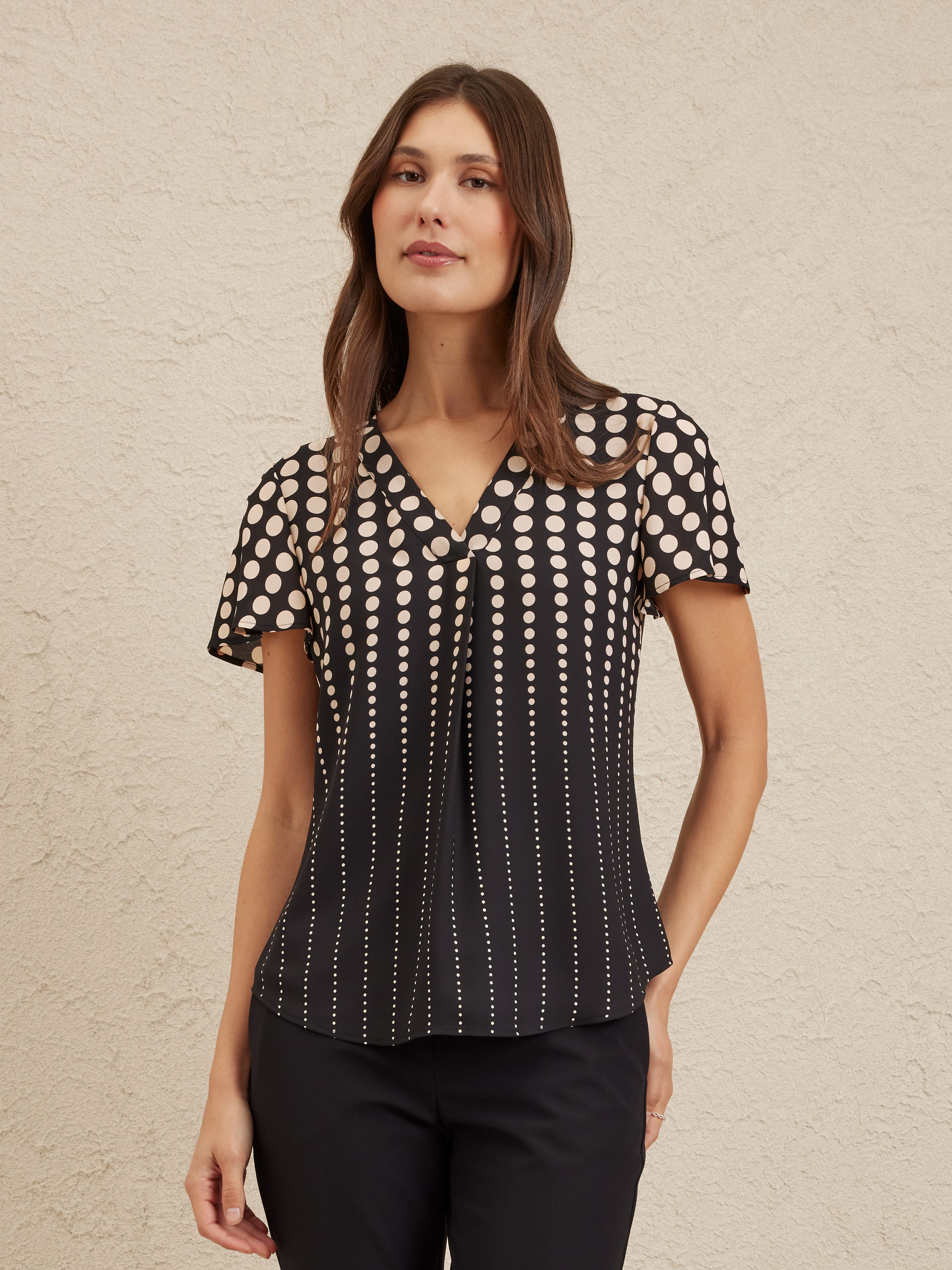 Ella V Neck Blouse Black Buff Spot - JacquiE Online
